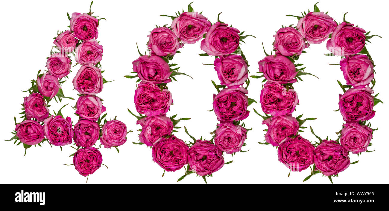 Arabic numeral 400, four hundred, from red flowers of rose, isolated on ...