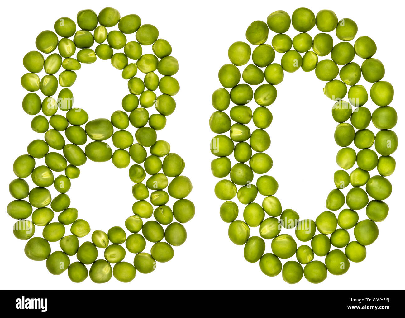 Arabic numeral 80, eighty, from green peas, isolated on white ...