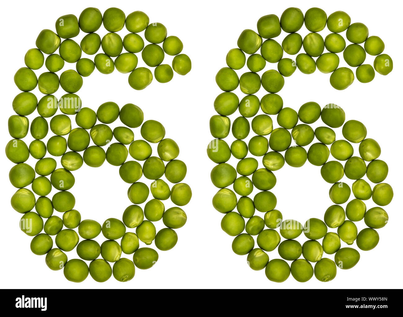 Arabic numeral 66, sixty six, from green peas, isolated on white ...
