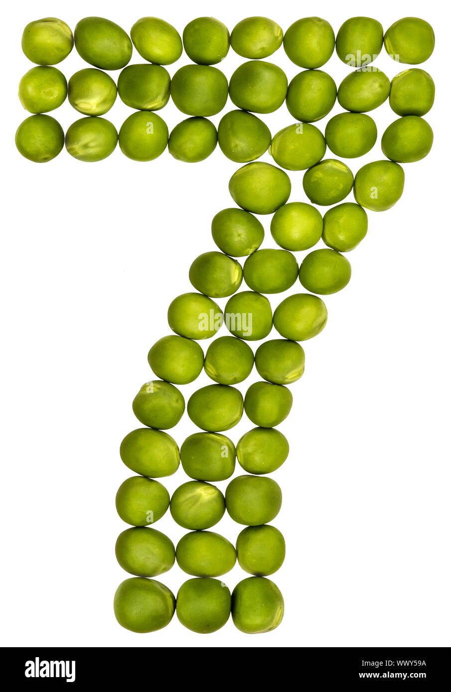 Arabic numeral 7, seven, from green peas, isolated on white background ...