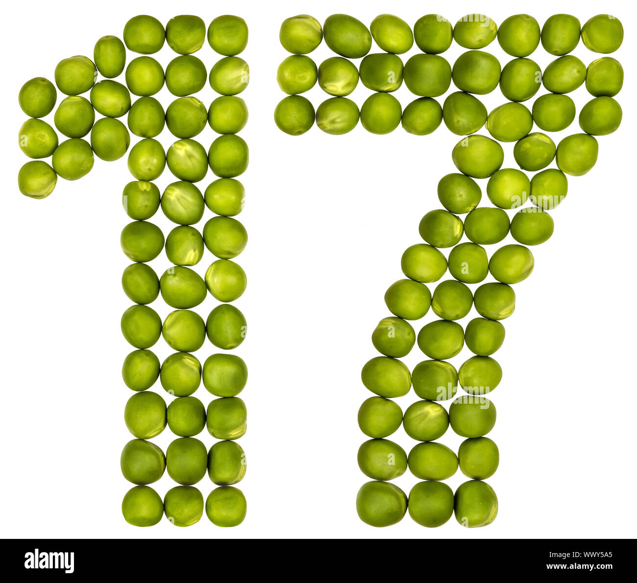 Arabic numeral 17, seventeen, from green peas, isolated on white ...