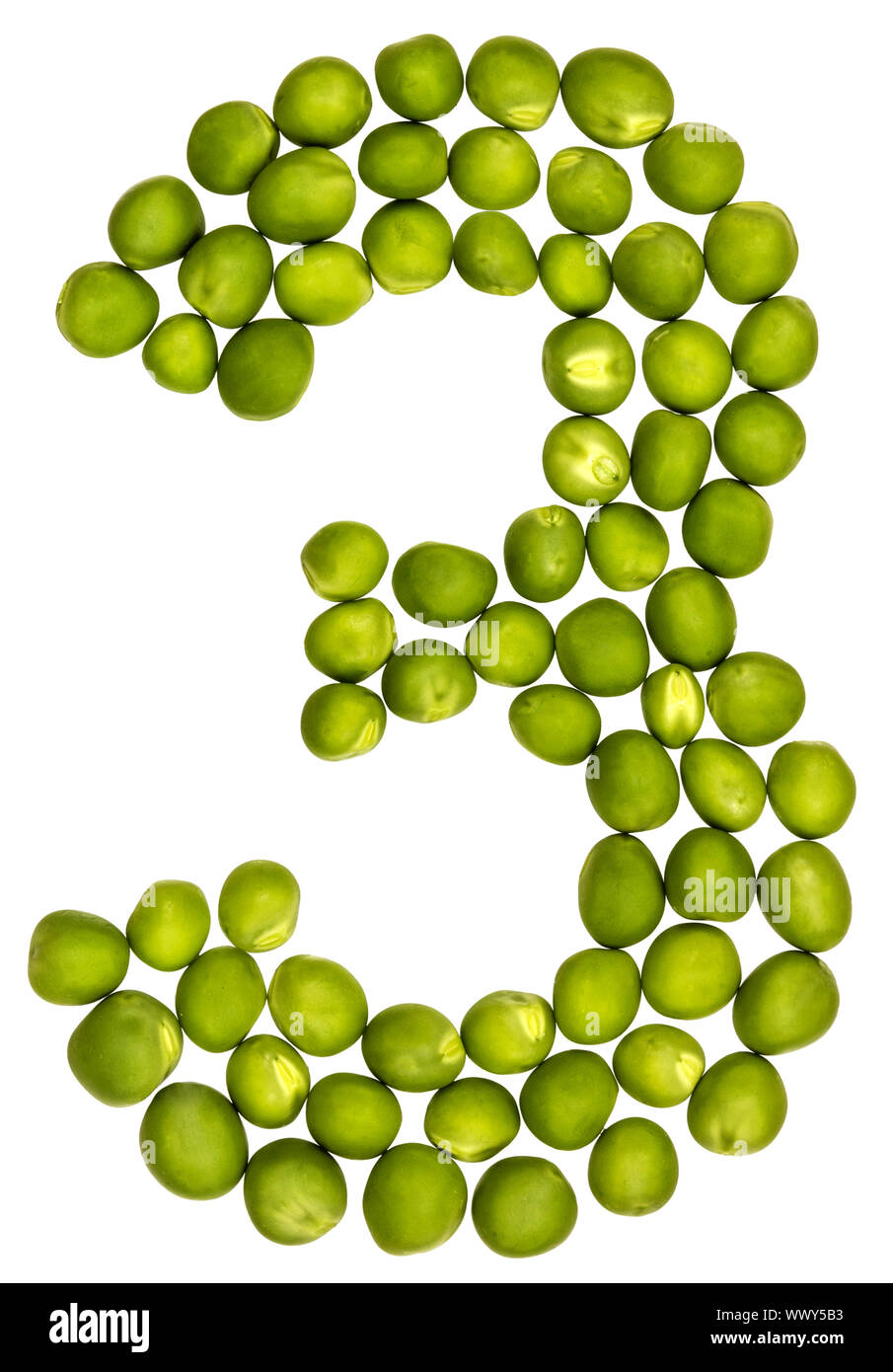 Arabic numeral 3, three, from green peas, isolated on white background ...