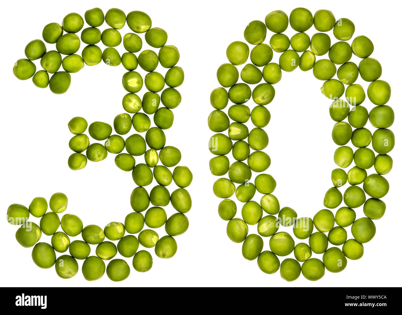 Arabic numeral 30, thirty, from green peas, isolated on white ...