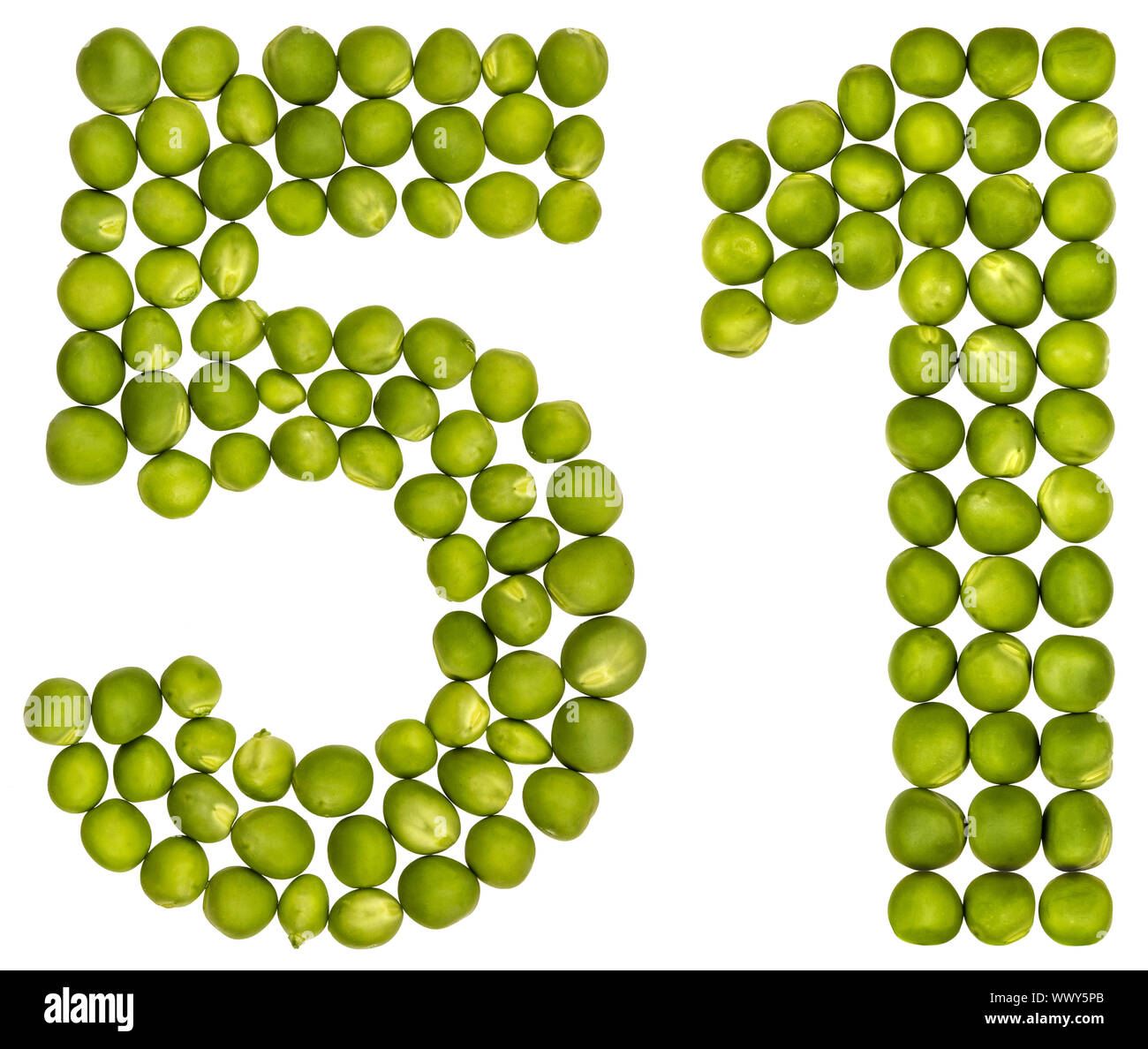 Arabic numeral 51, fifty one, from green peas, isolated on white ...
