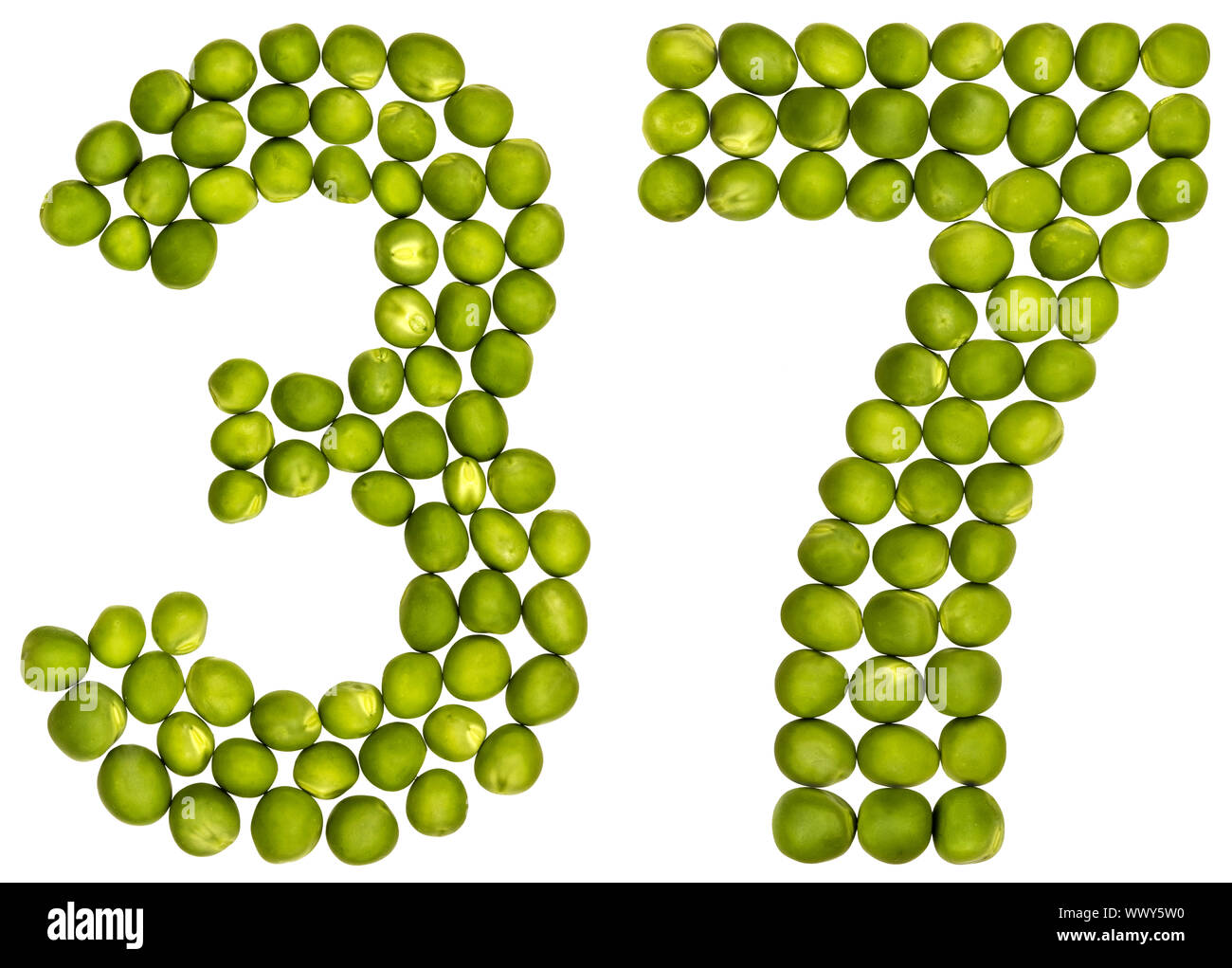 Arabic numeral 37, thirty seven, from green peas, isolated on white ...