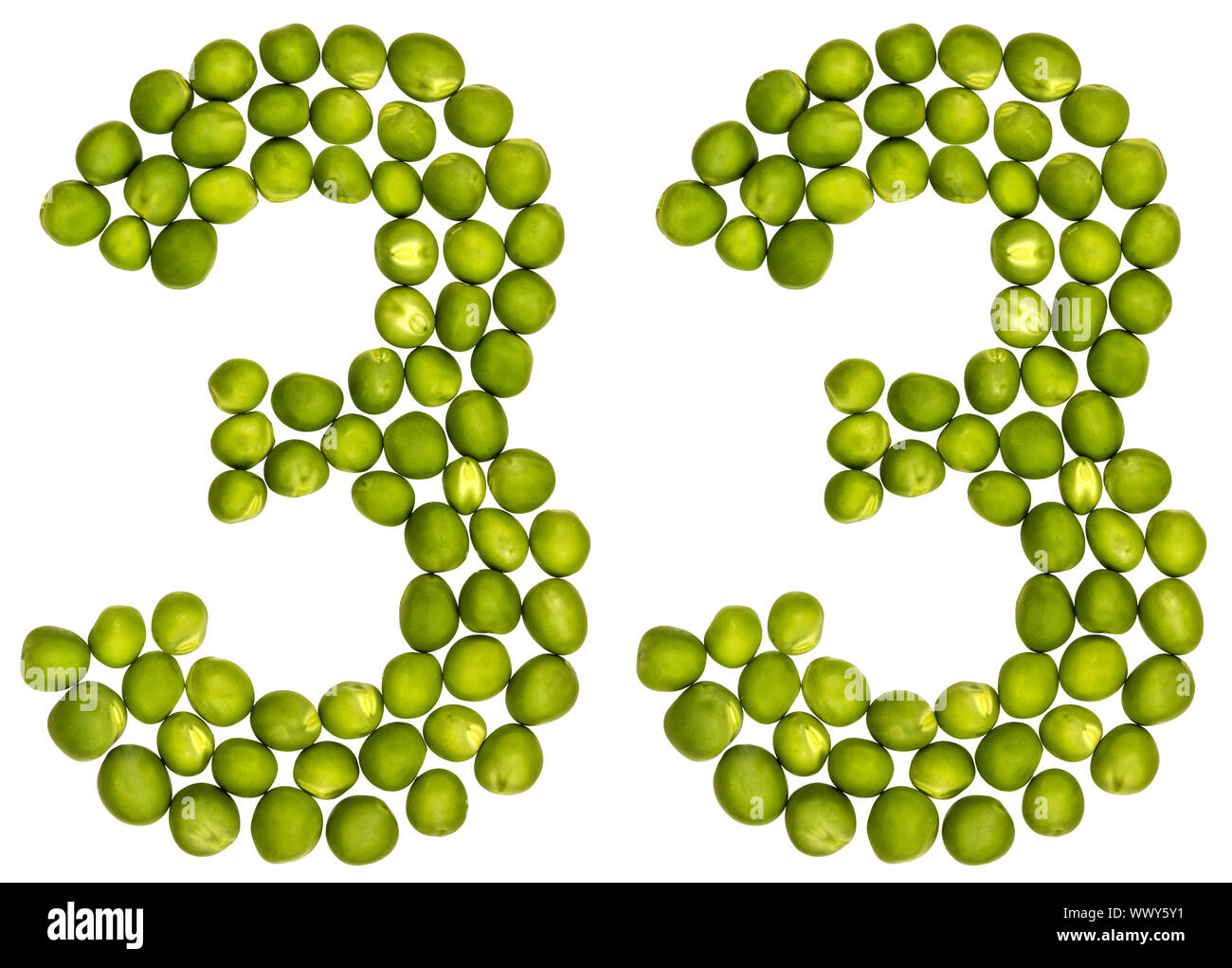 Arabic numeral 33, thirty three, from green peas, isolated on white ...
