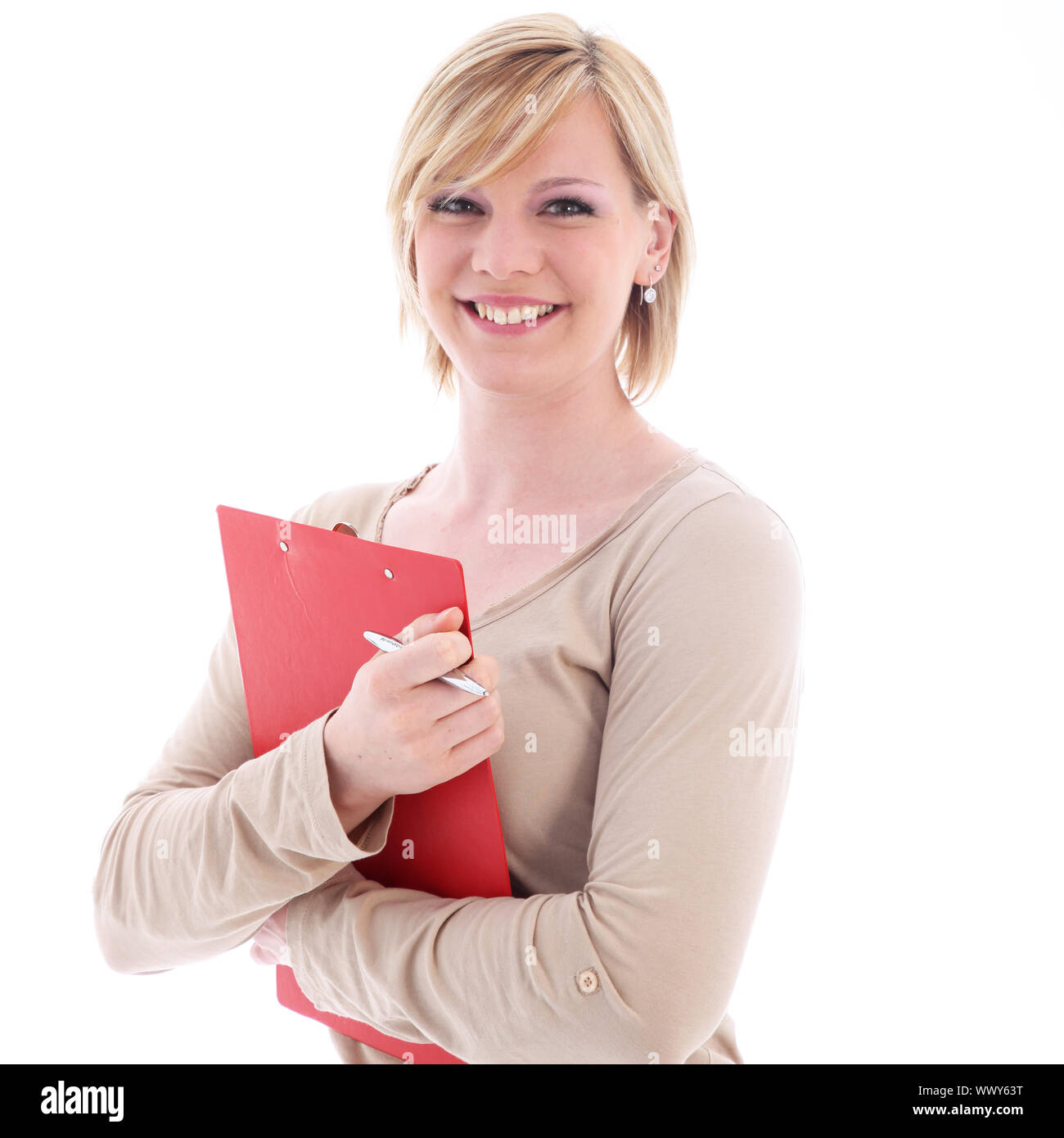 Studio shot of smiling secretary with red folder on white background ...
