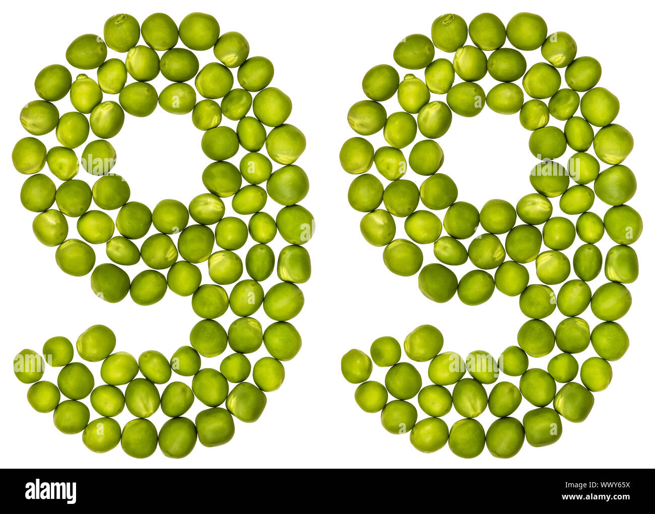 Arabic numeral 99, ninety nine, from green peas, isolated on white ...