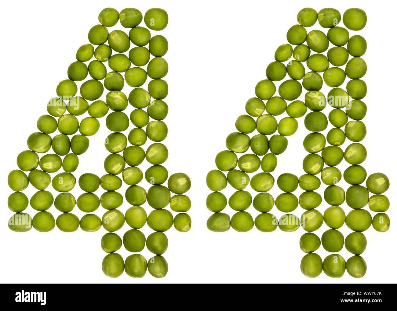 Arabic numeral 44, forty four, from green peas, isolated on white ...