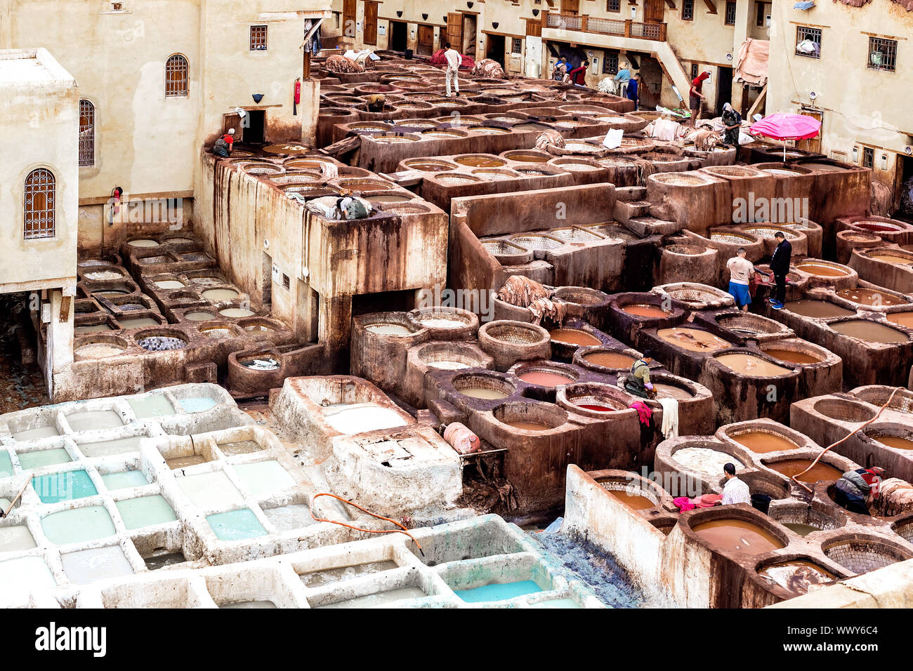 Sights of Morocco. Tanneries of Fez. Tanks with dyes and vats in the ...
