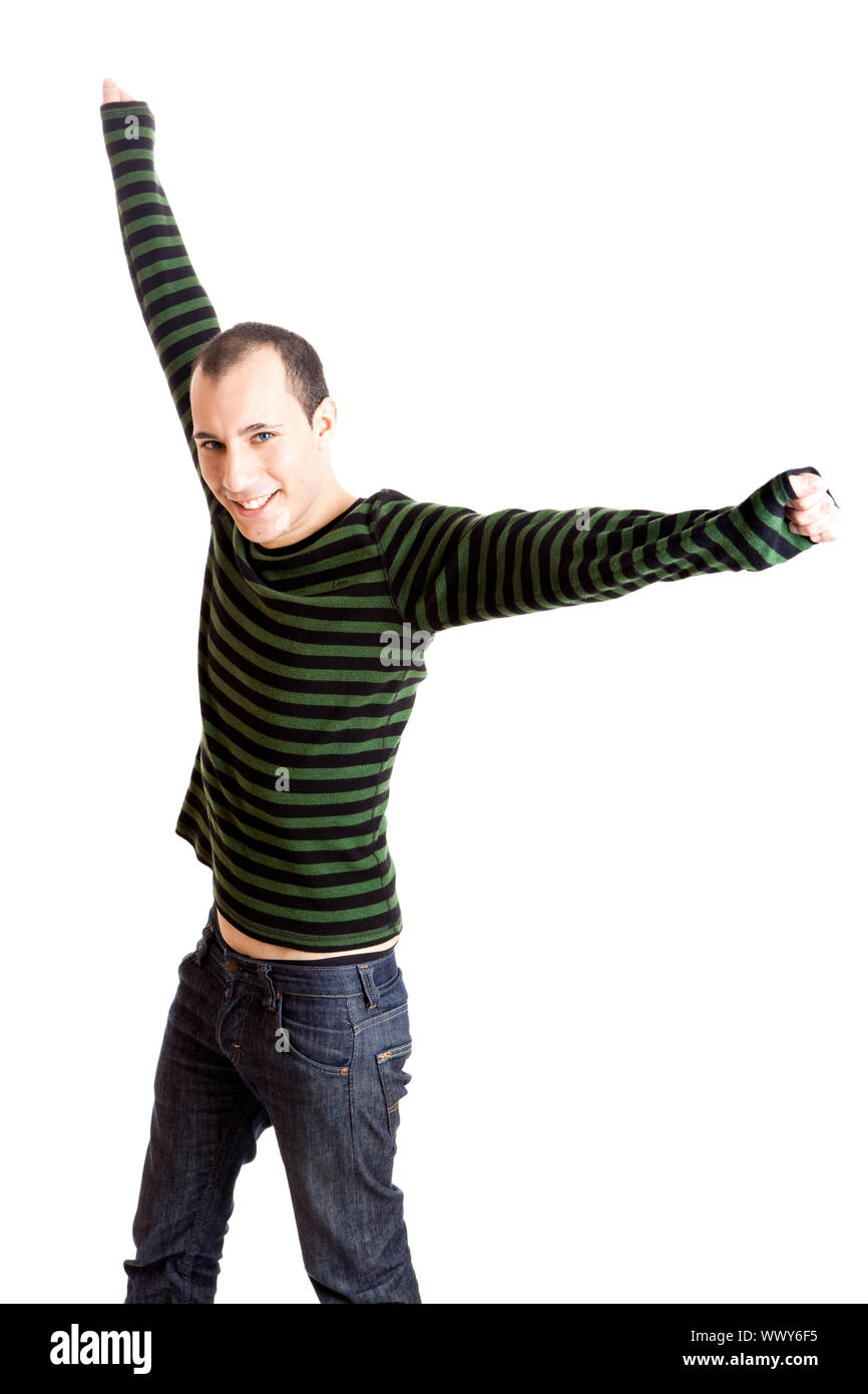 Portrait of a young man with arms up, isolated on white Stock Photo - Alamy