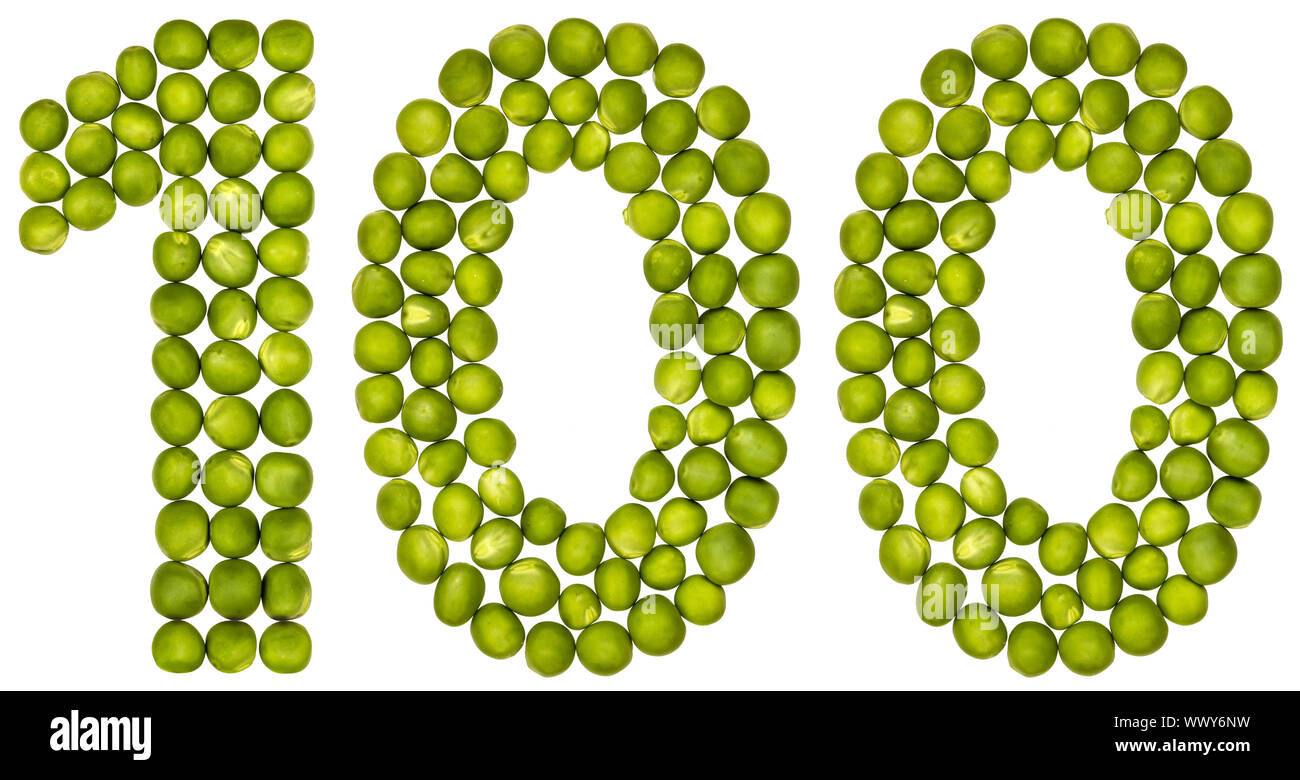 Arabic numeral 100, one hundred, from green peas, isolated on white ...