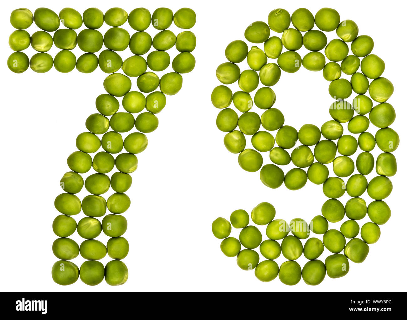 Arabic numeral 79, seventy nine, from green peas, isolated on white ...