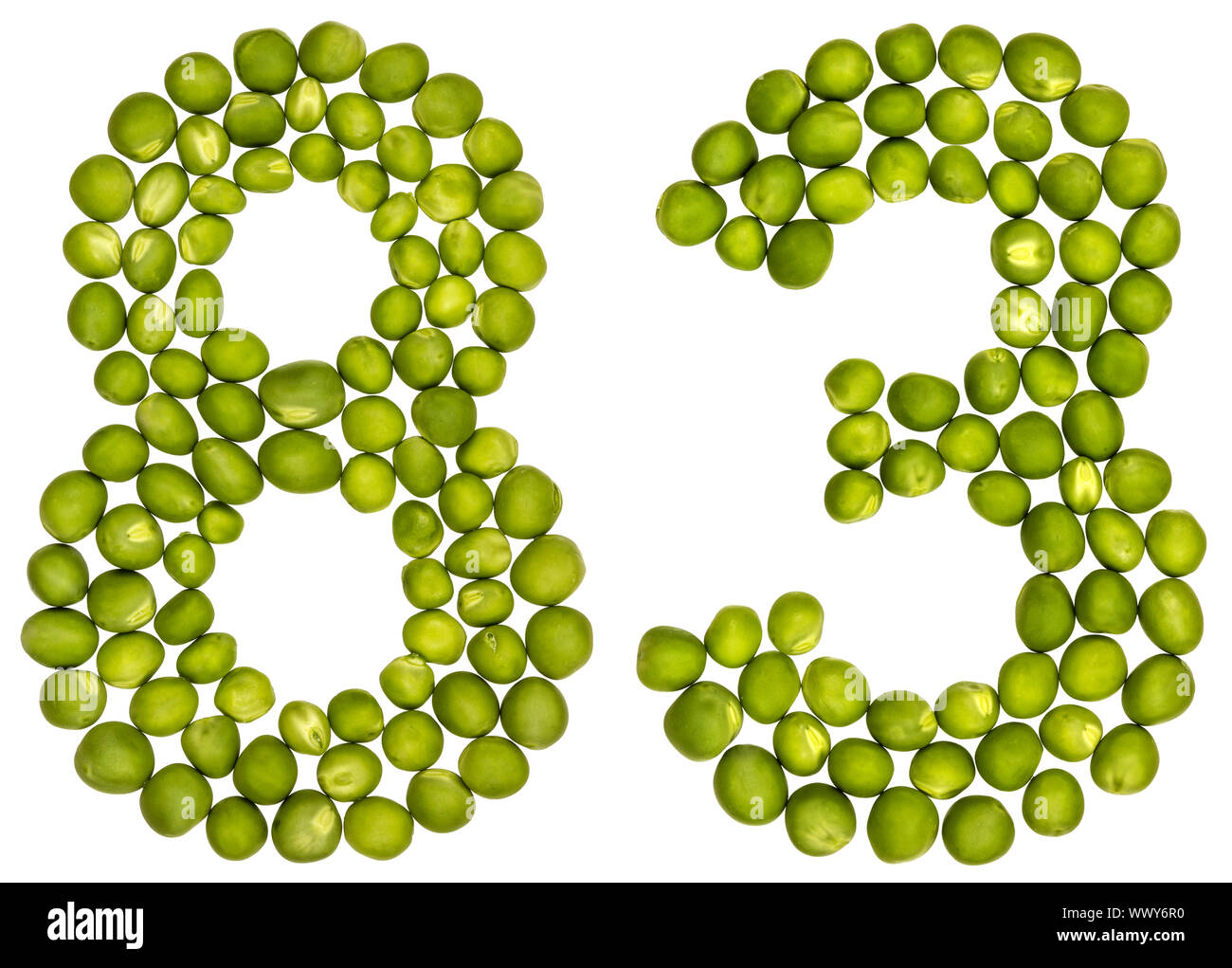 Arabic numeral 83, eighty three, from green peas, isolated on white ...