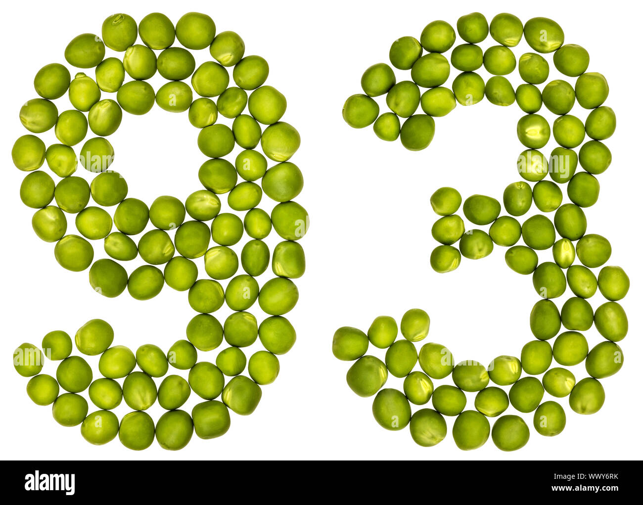 Arabic numeral 93, ninety three, from green peas, isolated on white ...