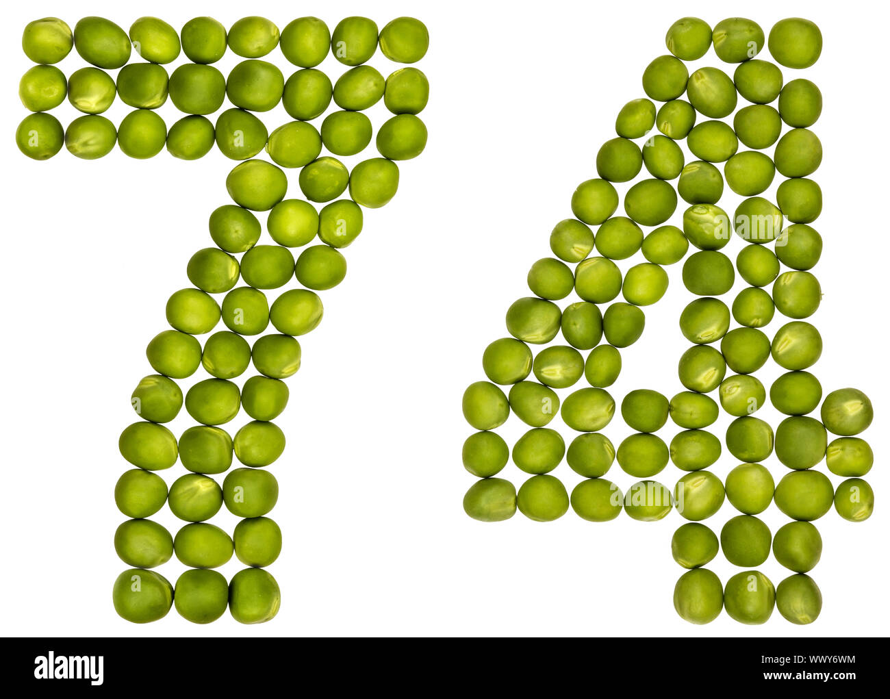 Arabic numeral 74, seventy four, from green peas, isolated on white ...