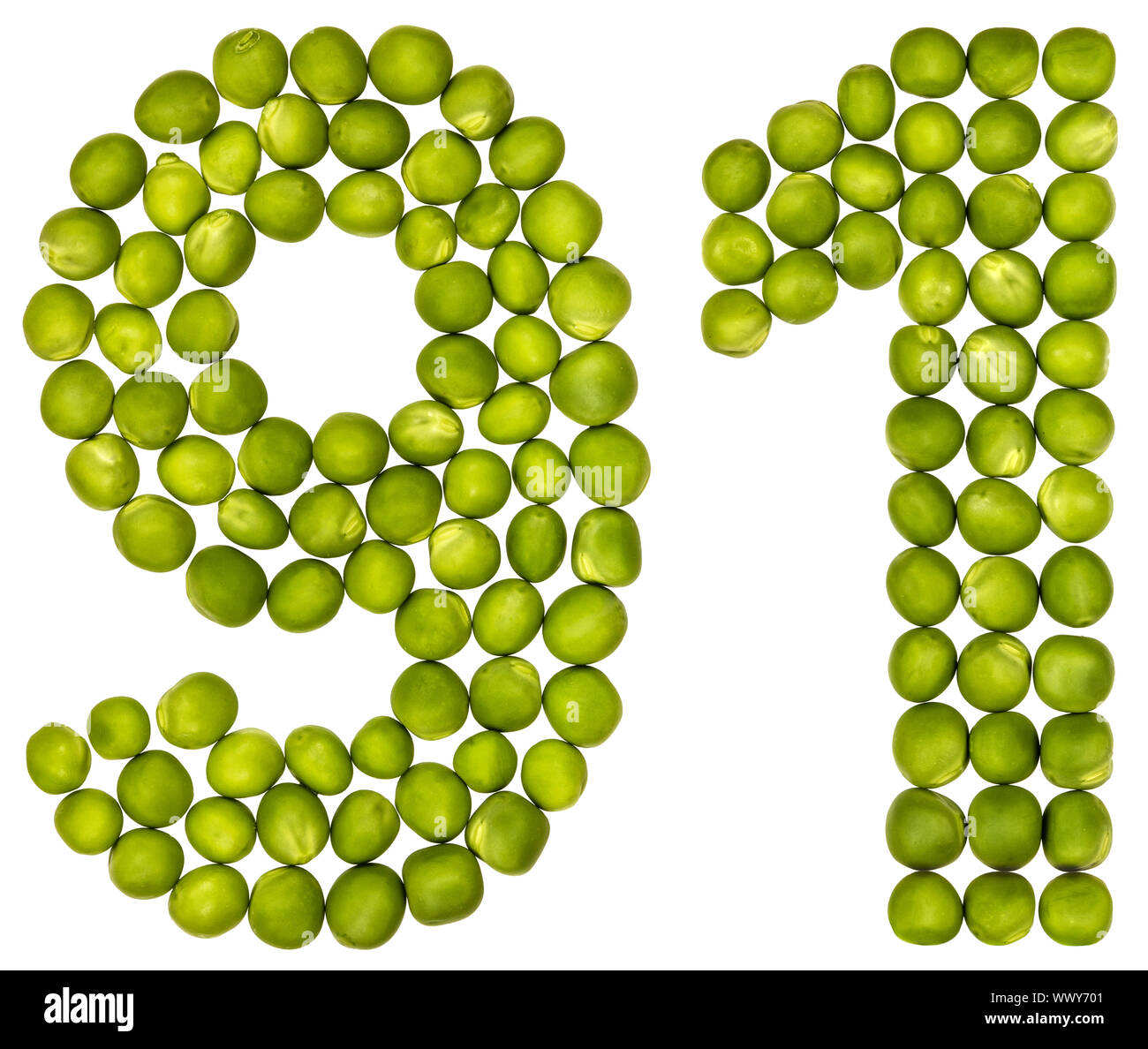 Arabic numeral 91, ninety one, from green peas, isolated on white background Stock Photo - Alamy