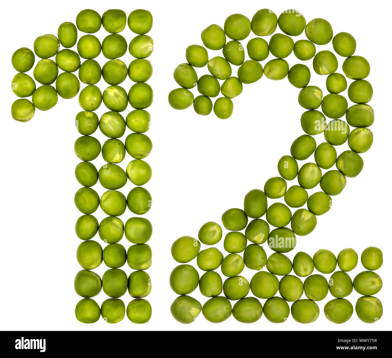 Arabic numeral 12, twelve, from green peas, isolated on white ...
