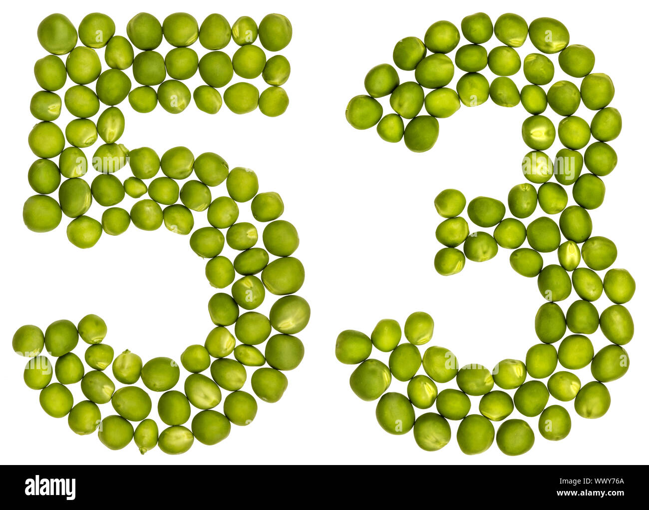 Arabic numeral 53, fifty three, from green peas, isolated on white ...
