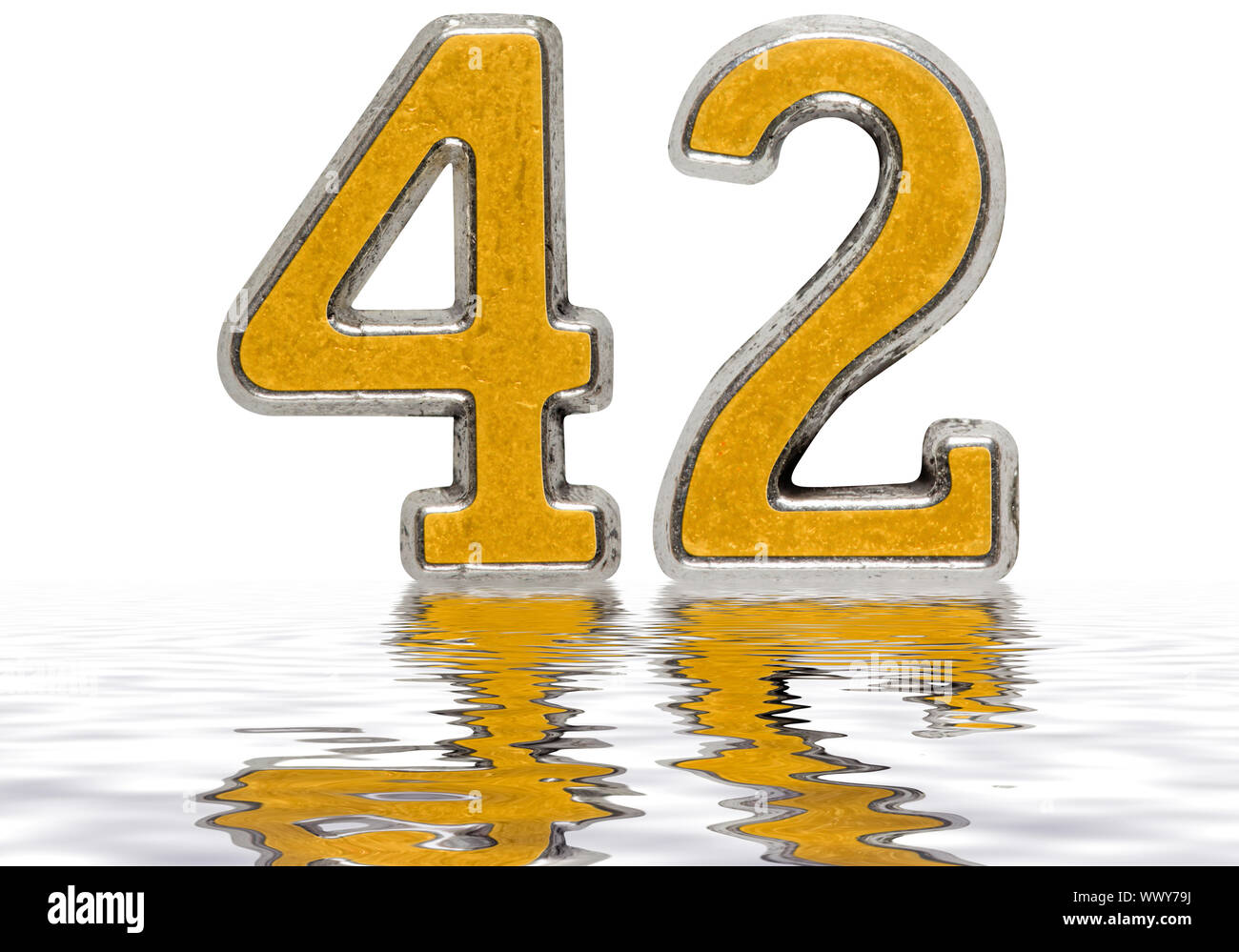 Numeral 42, forty two, reflected on the water surface, isolated on ...