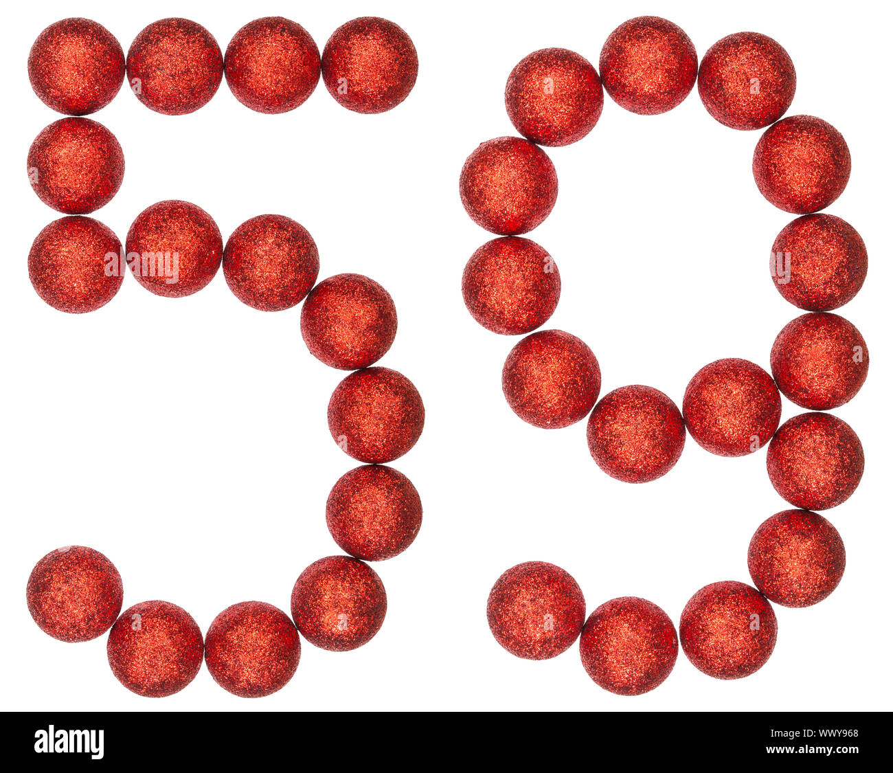 Numeral 59, fifty nine, from decorative balls, isolated on white ...