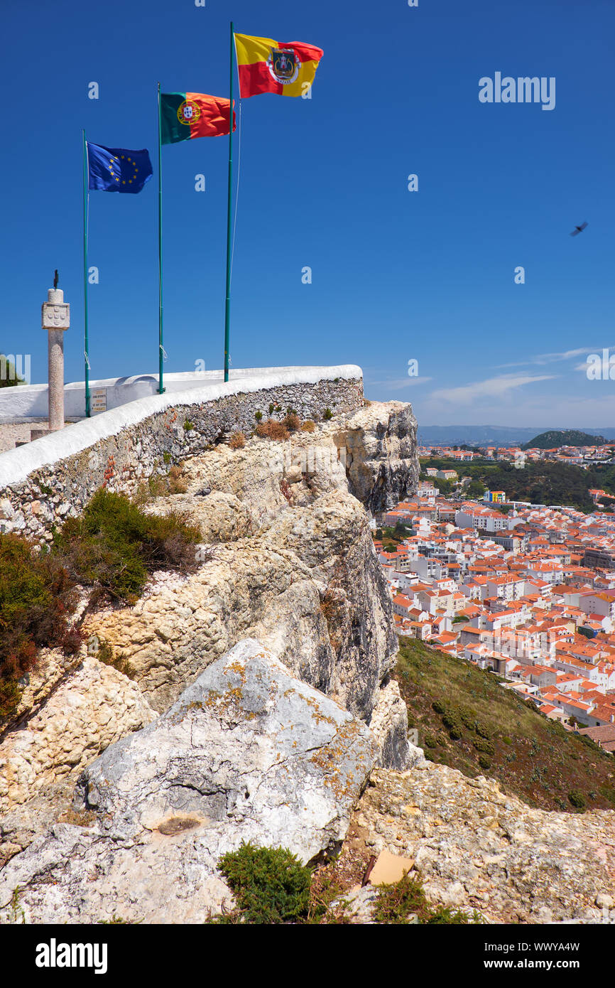 Flags of European Union, Portuguese flag and Nazare Flag with Nazare ...