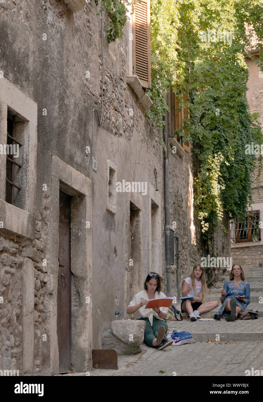 Female art students sketching in the town of Tivoli in Italy Stock ...
