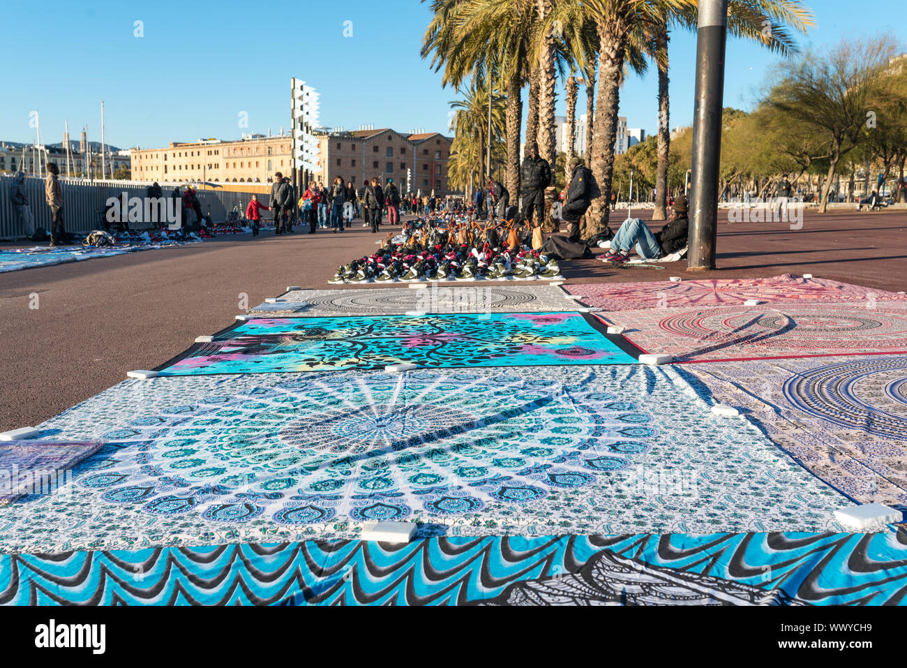 Lots of cheap, illegal goods on the black market in Barceloneta Stock ...