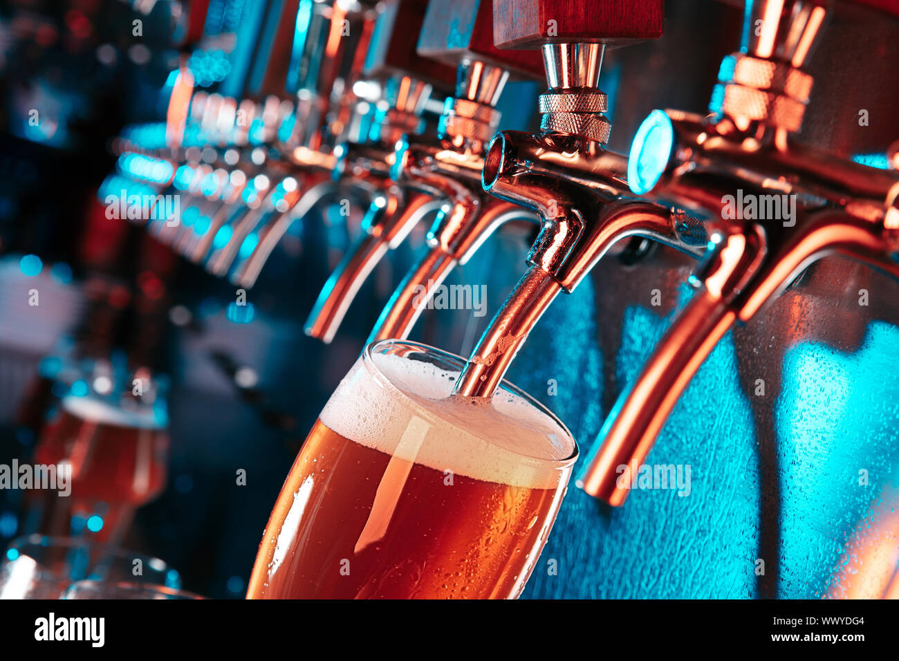 Hand of bartender pouring a large lager beer in tap. Bright and modern ...