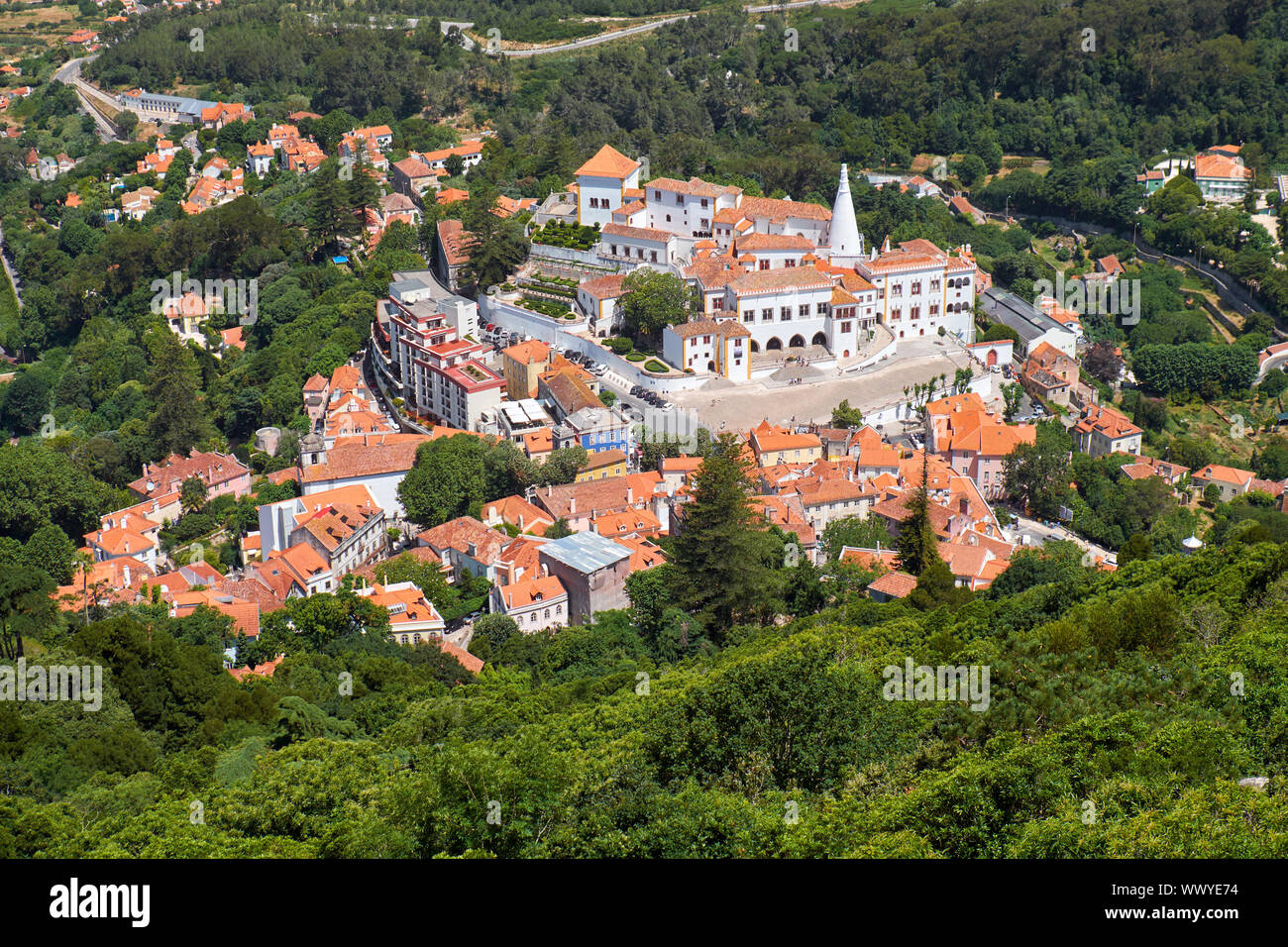 Bird's-eye view on Palace of Sintra as seen from the Sintra Mountains ...