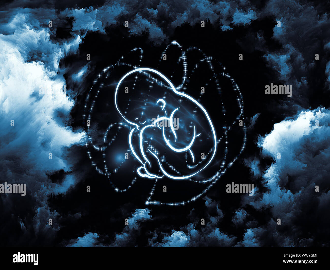 Creative arrangement of drawing of a fetus and abstract design elements ...