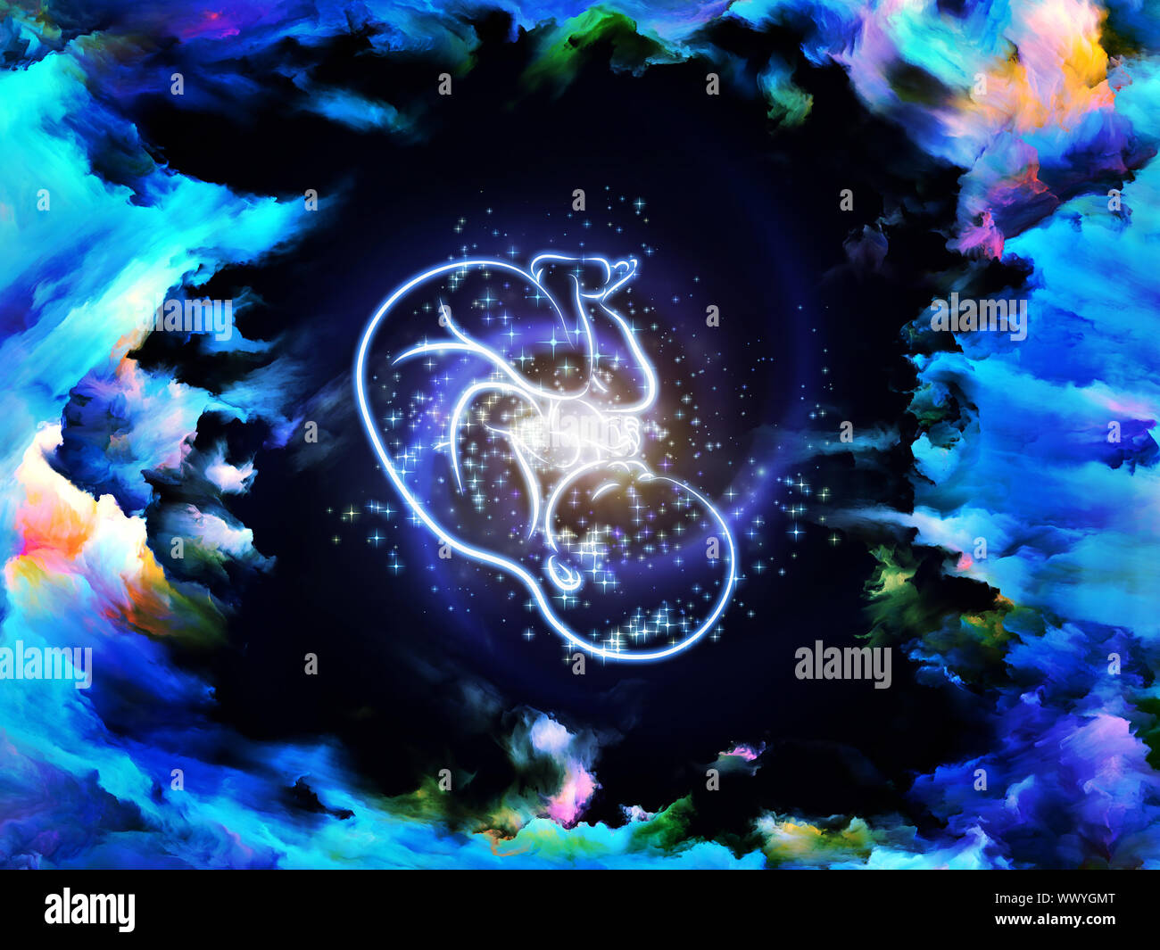 Abstract composition of drawing of a fetus and abstract design elements ...