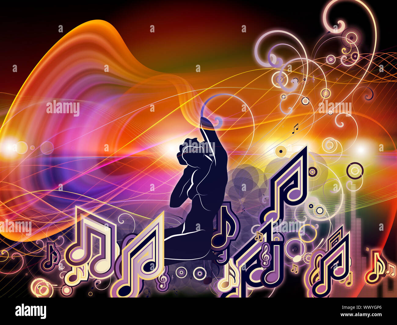 Backdrop design of girl silhouette, notes, lights and abstract design ...