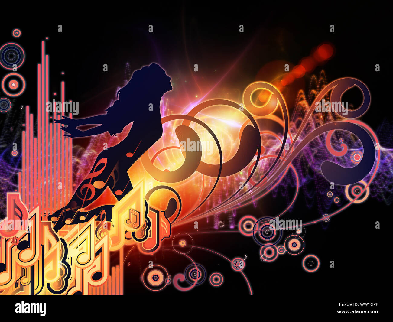 Arrangement of girl silhouette, notes, lights and abstract design ...