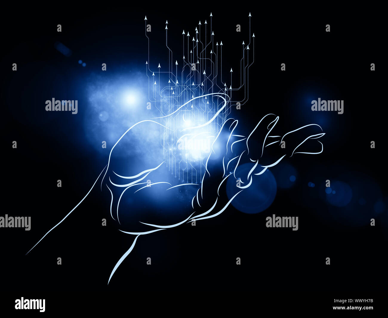 Composition of human hand and technological elements on the subject of ...