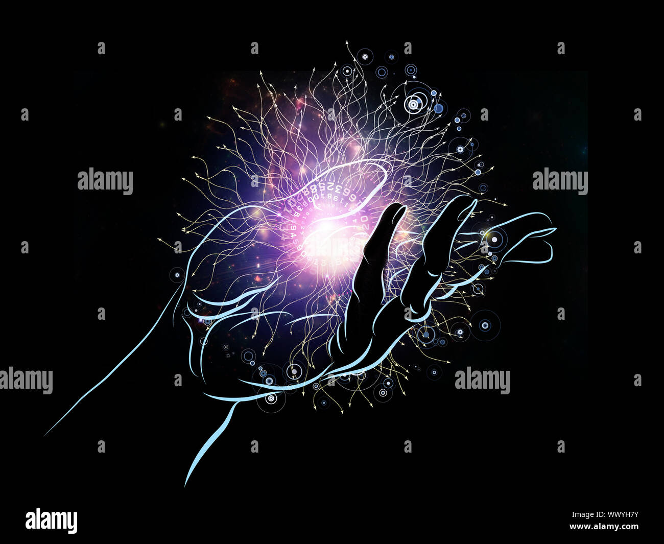 Composition of human hand and technological elements with metaphorical ...