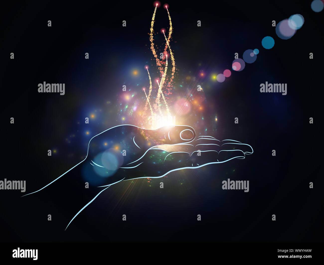 Abstract arrangement of human hand and technological elements suitable ...