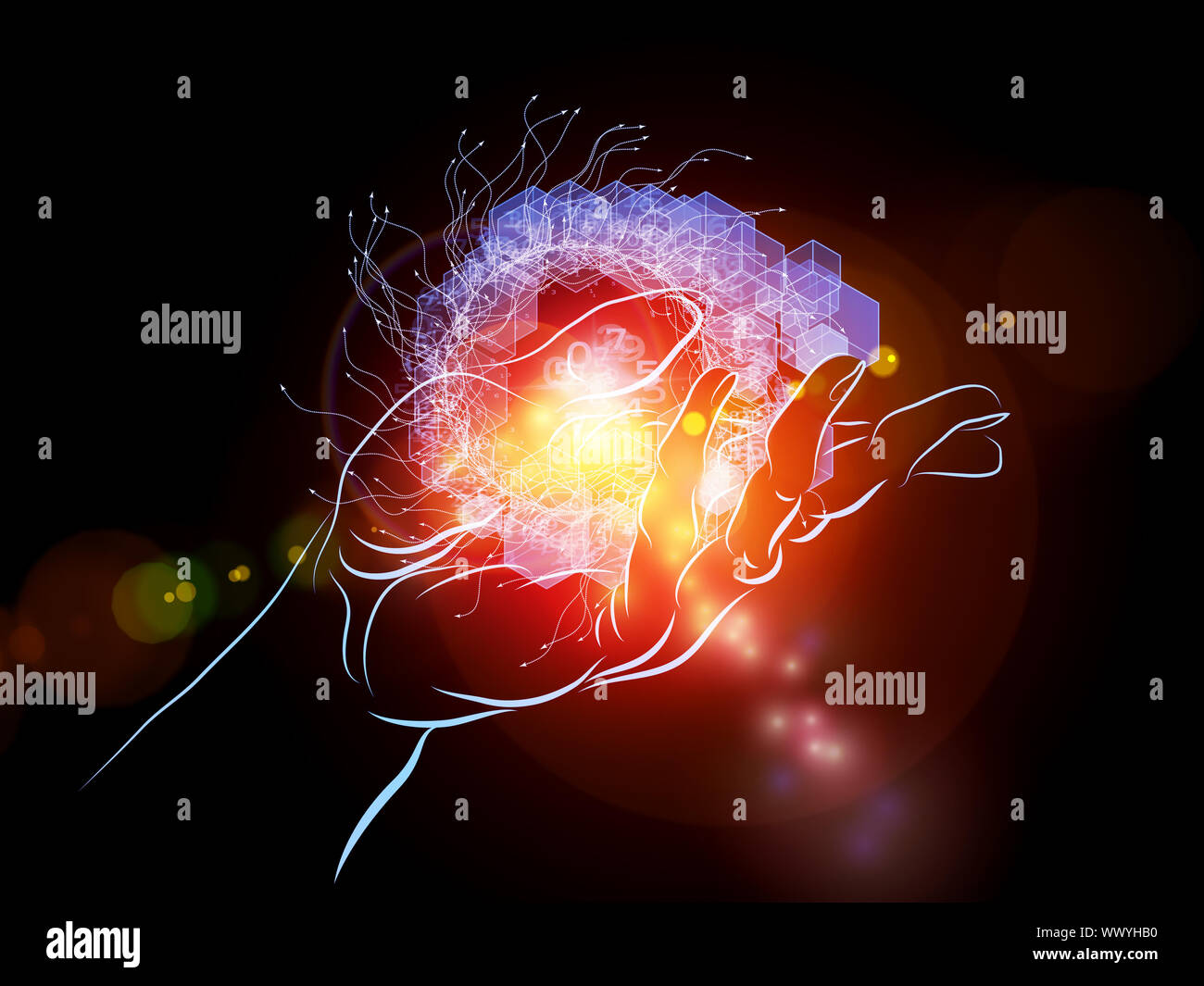 Abstract composition of human hand and technological elements suitable ...