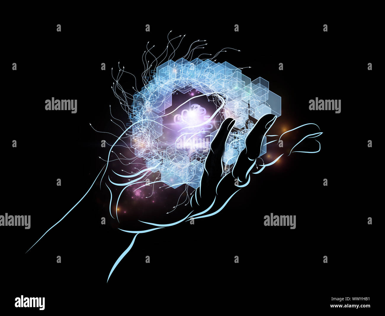 Background composition of human hand and technological elements to ...