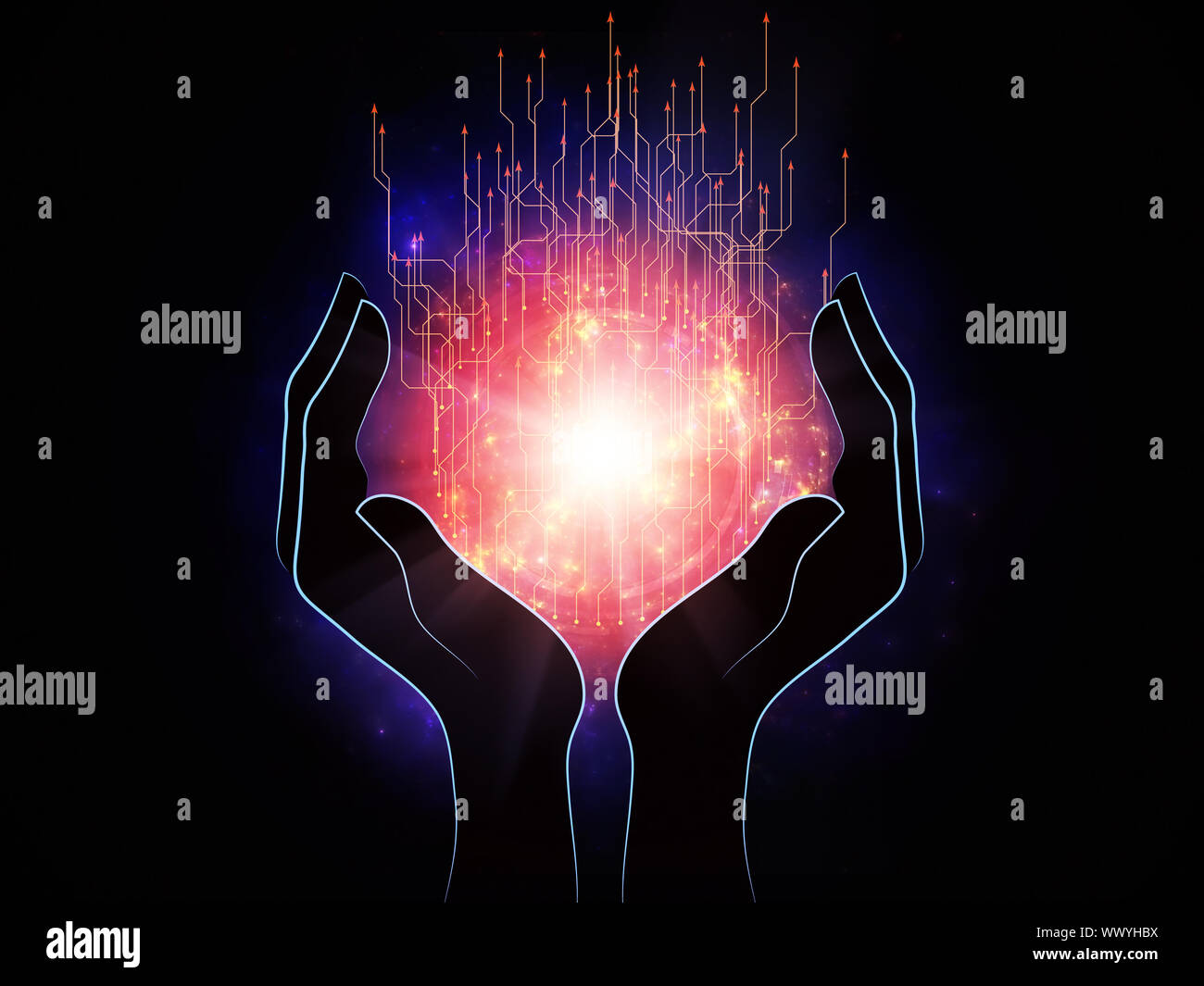 Abstract design made of human hands, technological design and light on ...