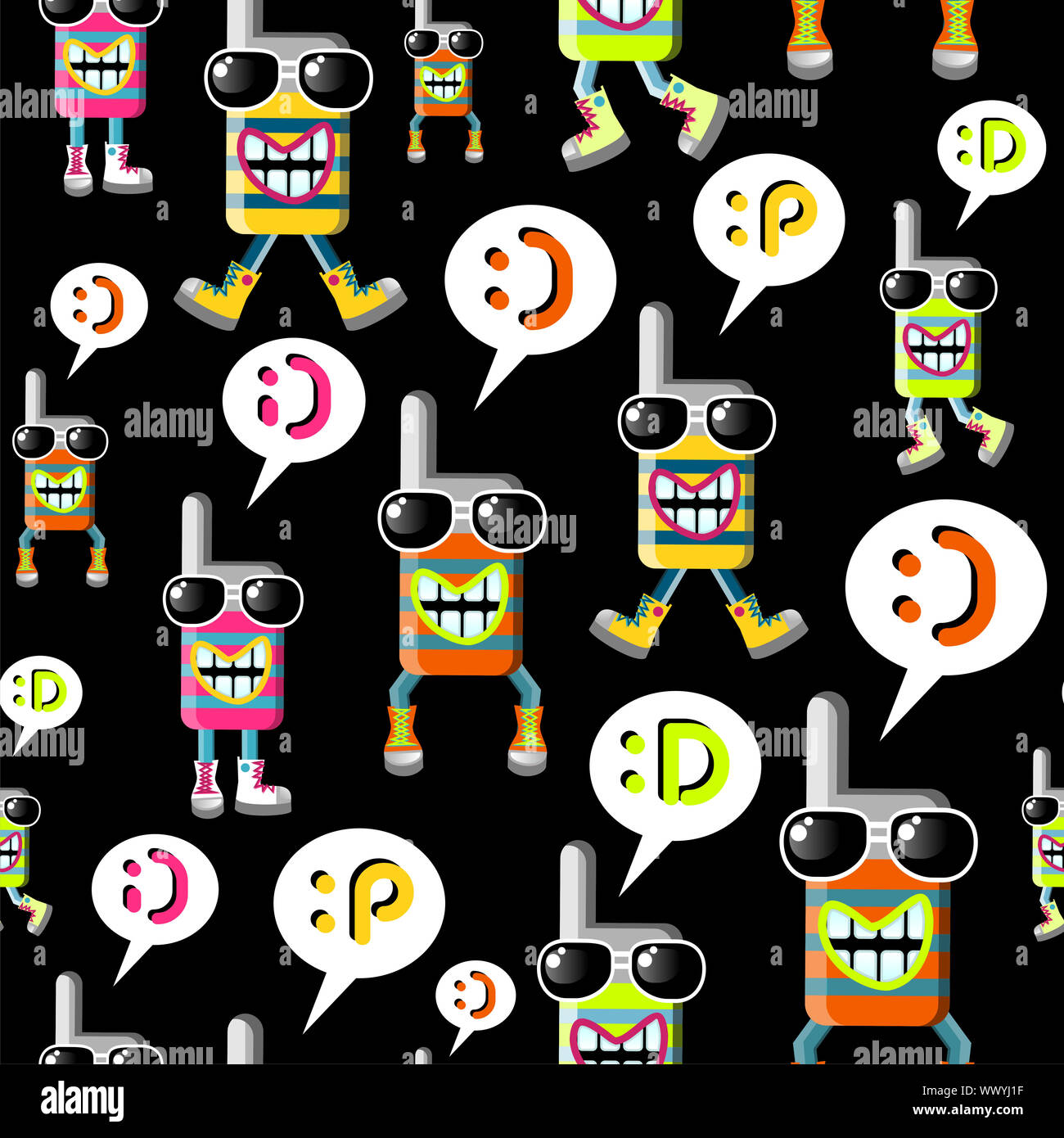 Group of funky MOBILE PHONES seamless pattern over black background ...