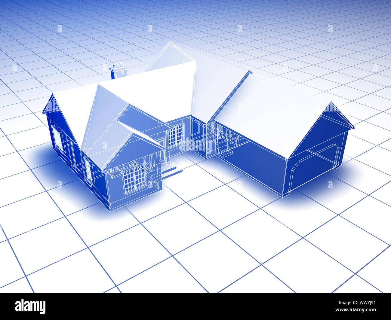 Blueprint style 3D rendered house. Blue shading on white background ...