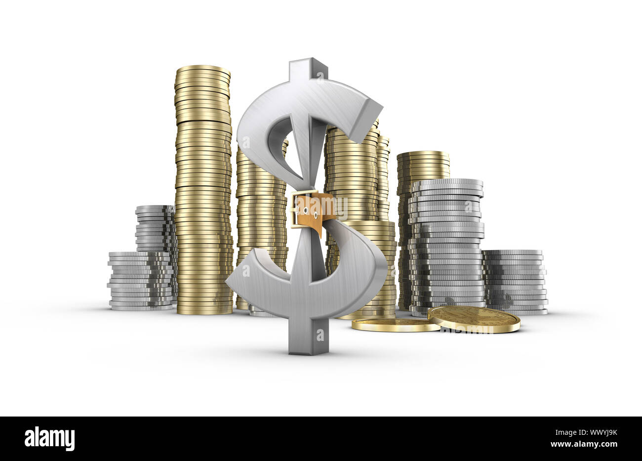 dollar sign with a belt around its waist and piles of coins in the ...