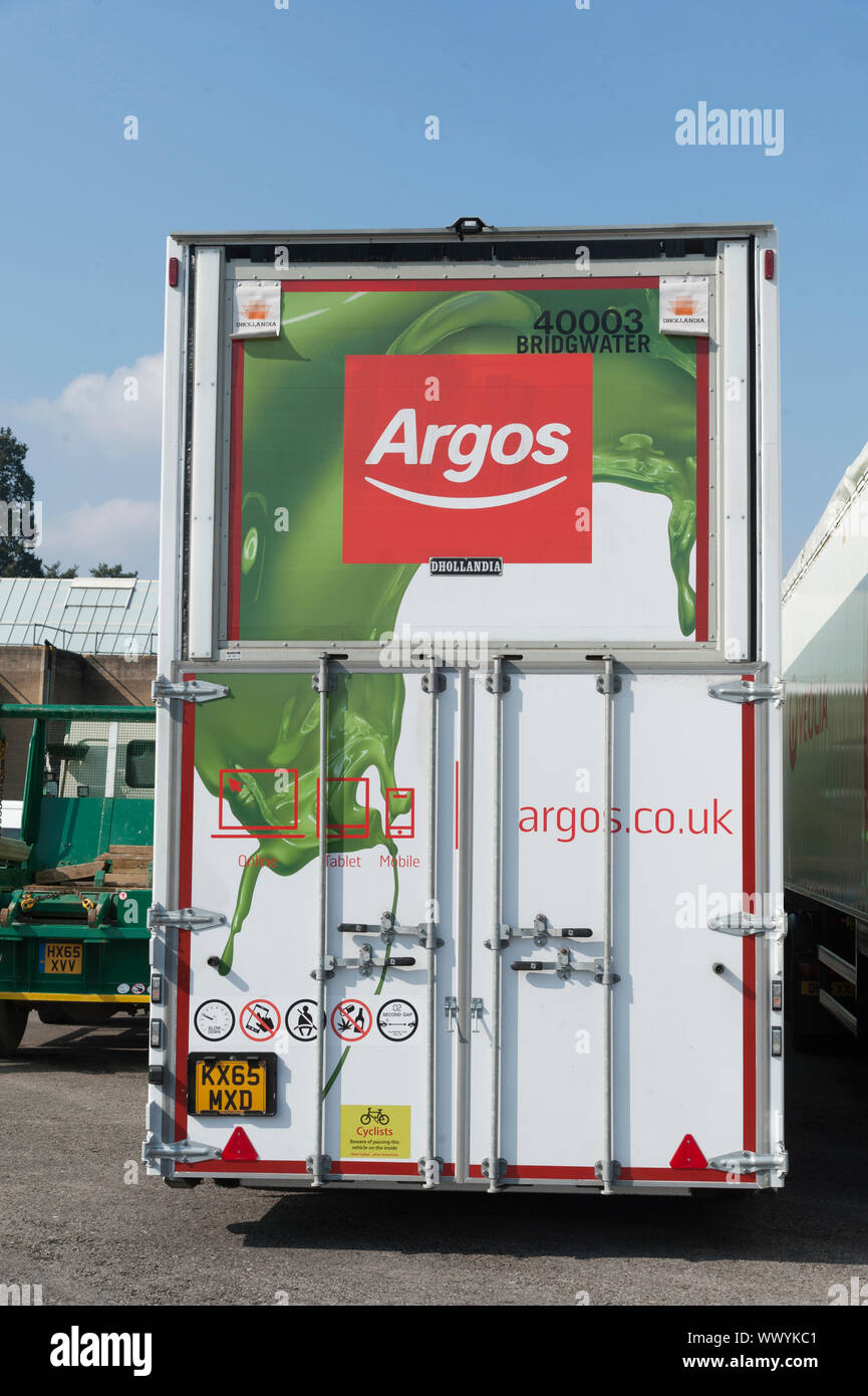 Rear of Argos lorry showing safety pictograms 2016 Stock Photo - Alamy