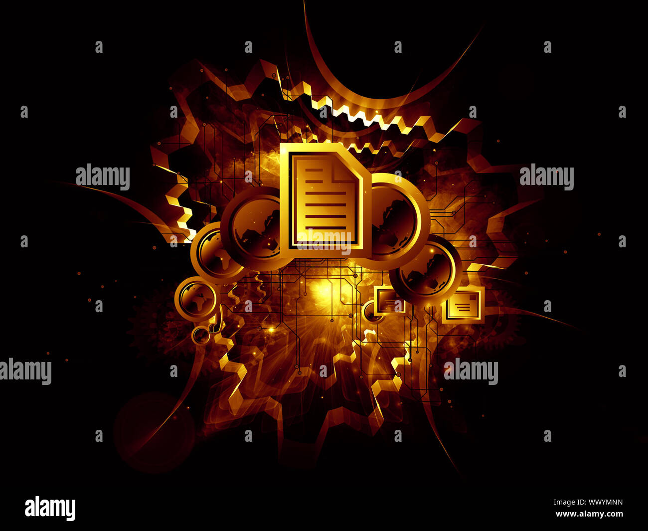 Composition of communication symbols, gears and abstract design ...