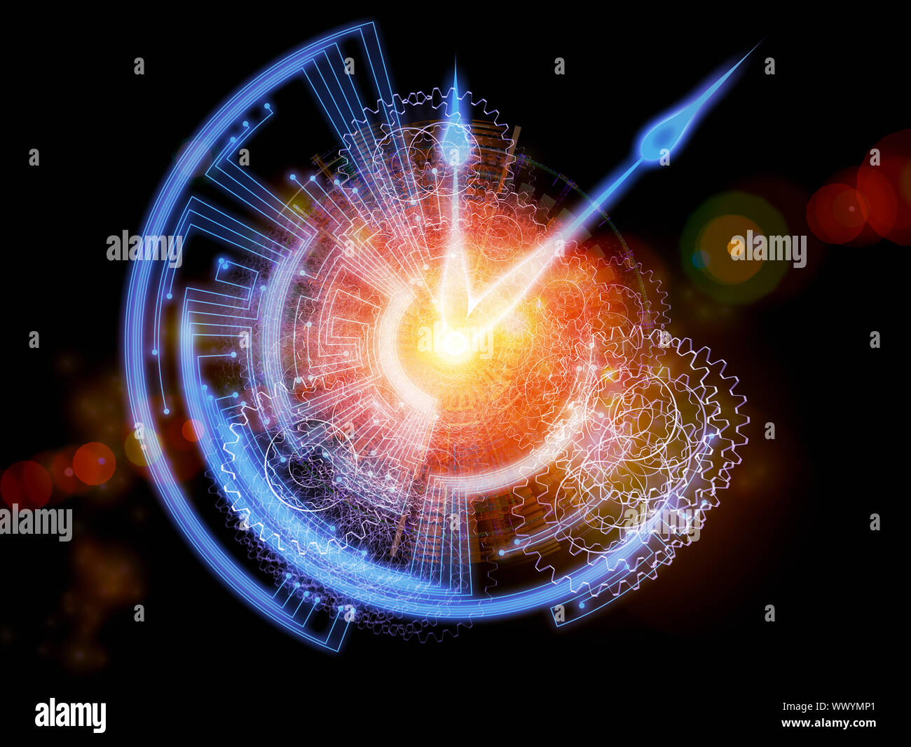 clock hands, gears, lights and abstract design elements arrangement ...