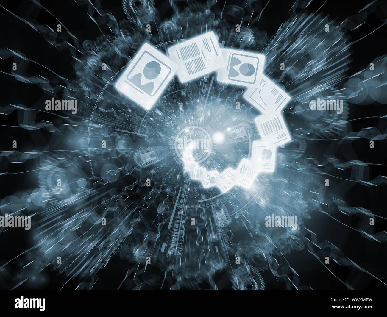Arrangement of document icons, lights and abstract design elements on ...