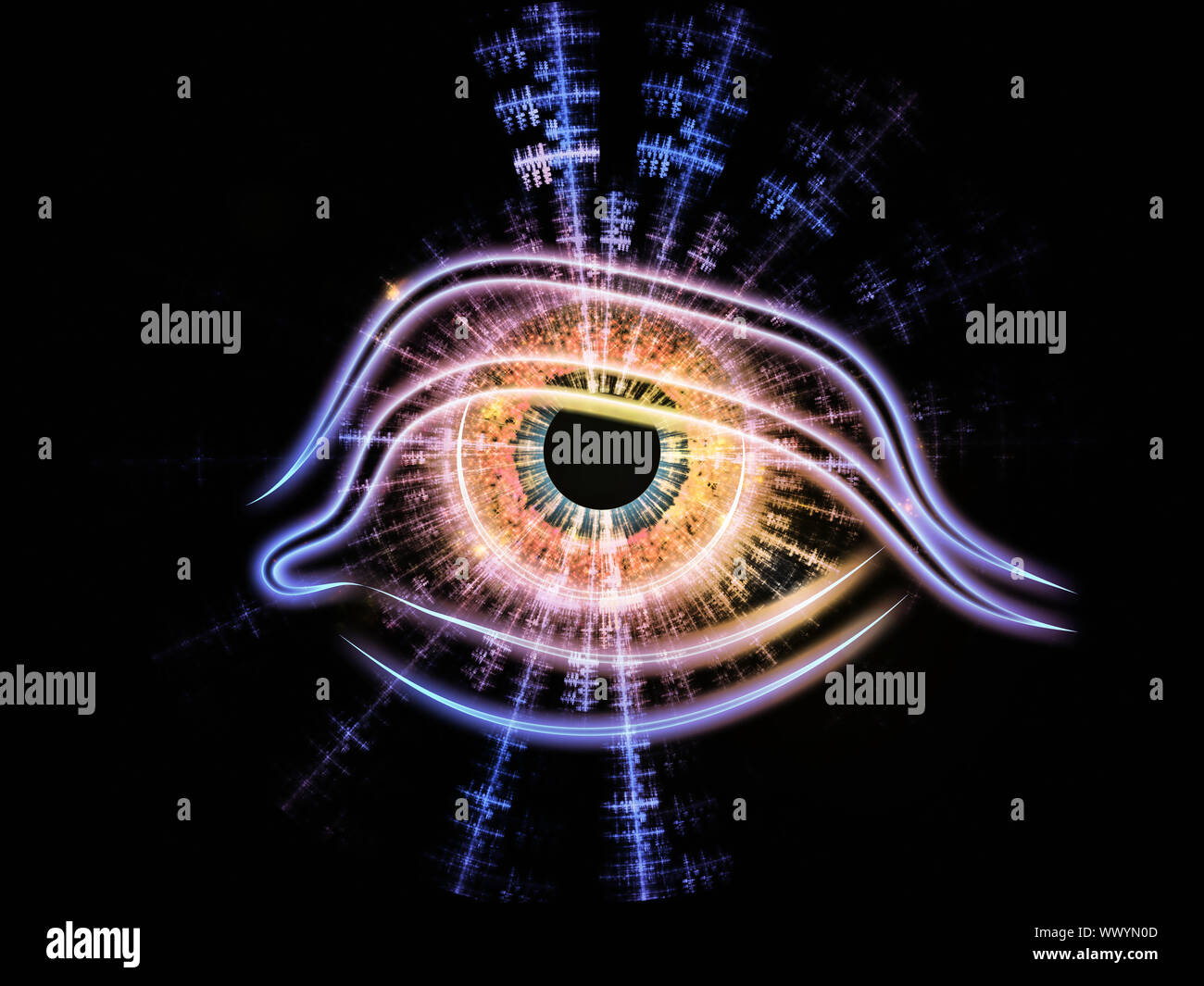 Arrangement of eye outlines, fractal and abstract design elements on ...