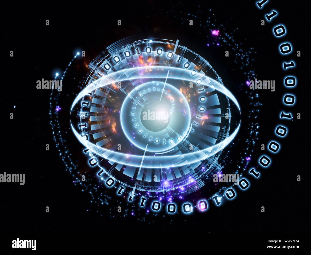 Composition of eye outlines, numbers, fractal and abstract design ...