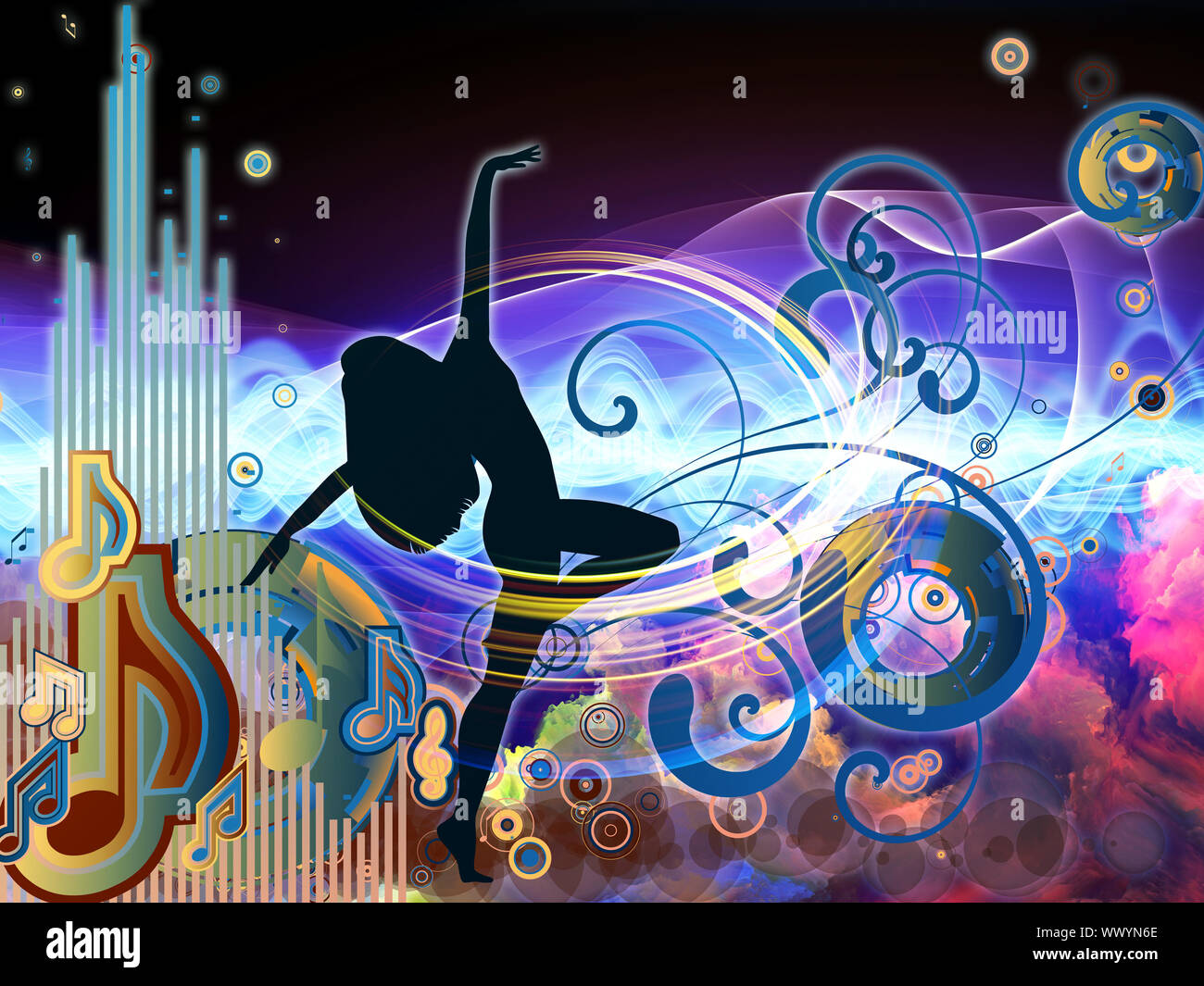 Backdrop design of girl silhouette, notes, lights and abstract design ...